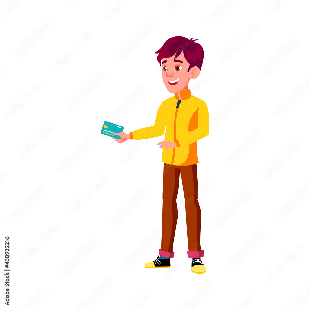 young boy make purchase and paying with credit card in store cartoon ...