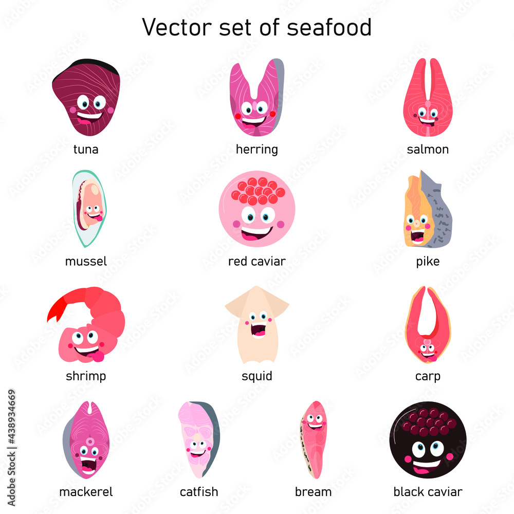 Vector set of seafood. Cartoon drawing of tuna, herring, salmon, mussel ...