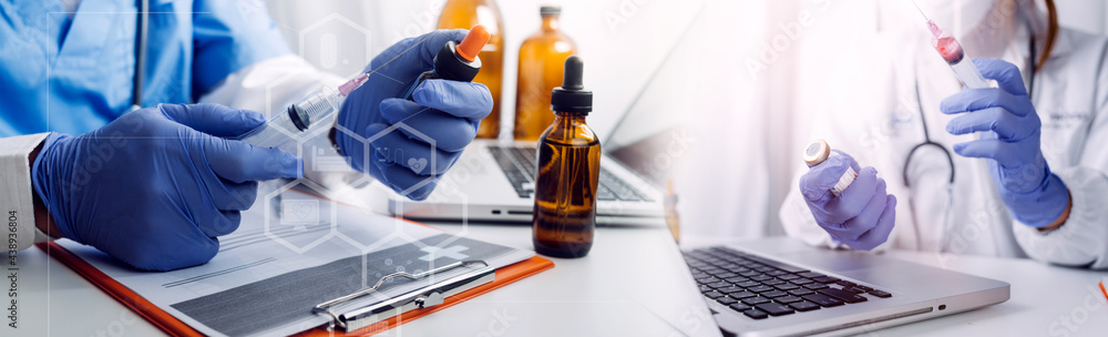 Medicine doctor and vaccine dose flu shot drug syringe in laboratory ...