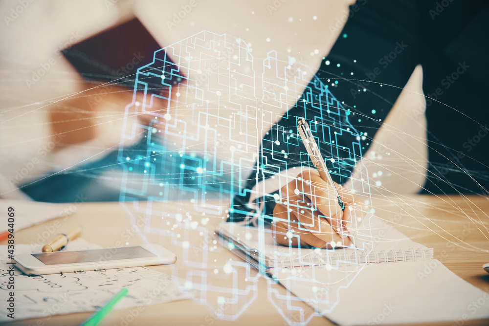 Double exposure of brain drawing over people taking notes background ...