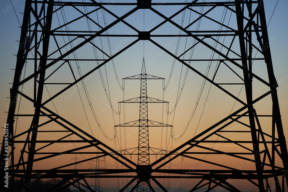 Electricity pylon (Strommasten) also overhead line pylon. Construction ...