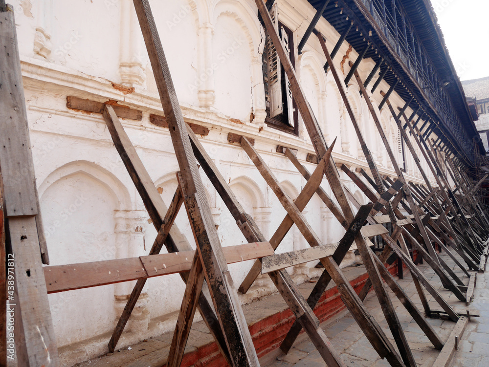 Nepalese worker people renovate repair build scaffolding structure at ...