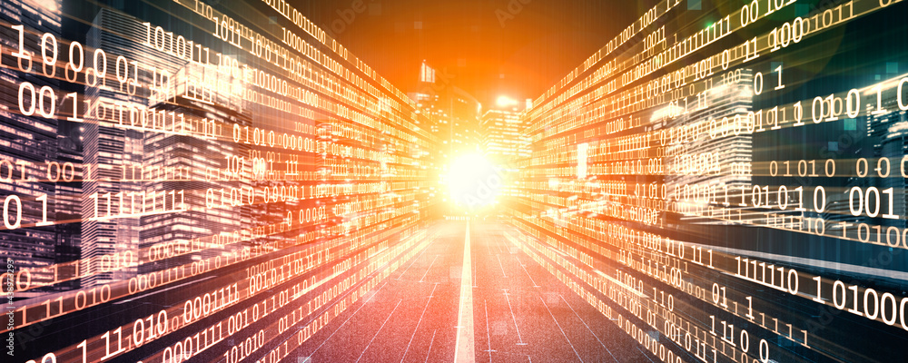 Digital data flow on road with motion blur to create vision of fast ...