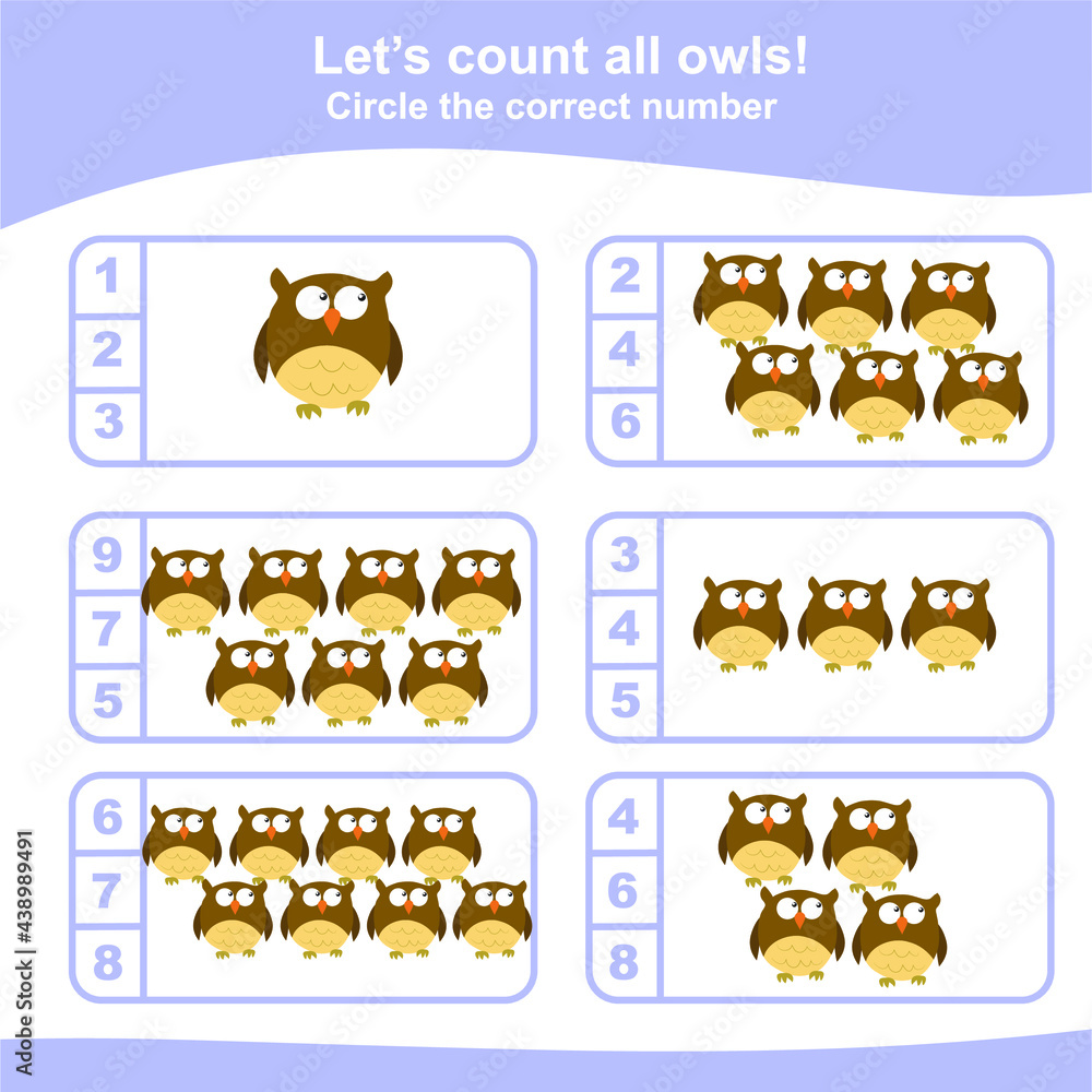 Counting all owls game for Preschool Children. Educational printable ...