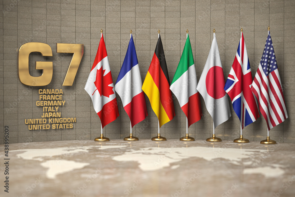 G7 summit or meeting concept. Row from flags of members of G7 group of ...