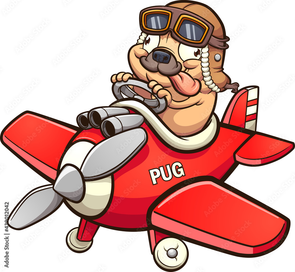 Cute pilot pug flying a tiny red toy airplane. Vector clip art ...