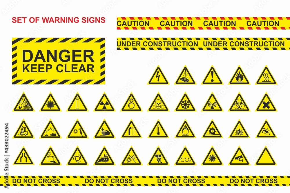 Vetor de Set of safety caution signs and symbols. Safety signs yellow ...