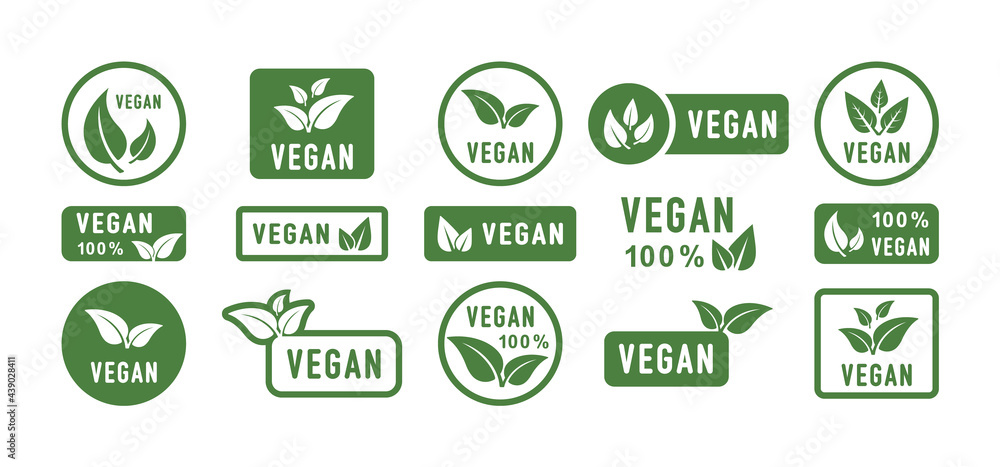 Vegan icon set. Vegan food sign with leaves. Logo. Tag for cafe ...