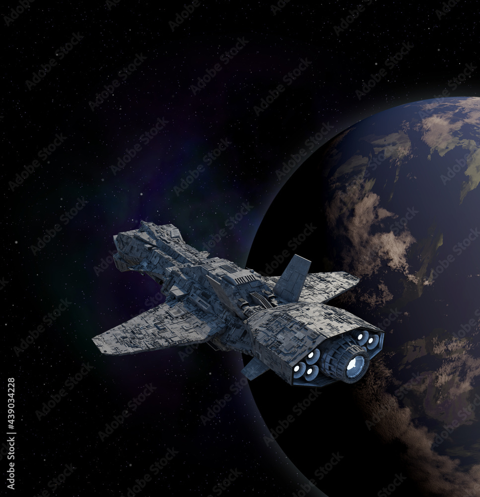 Interplanetary Spaceship Passing by a Blue Planet, 3d digitally ...