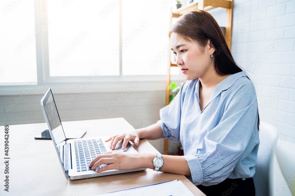 Asian female student study online learning listening education video ...