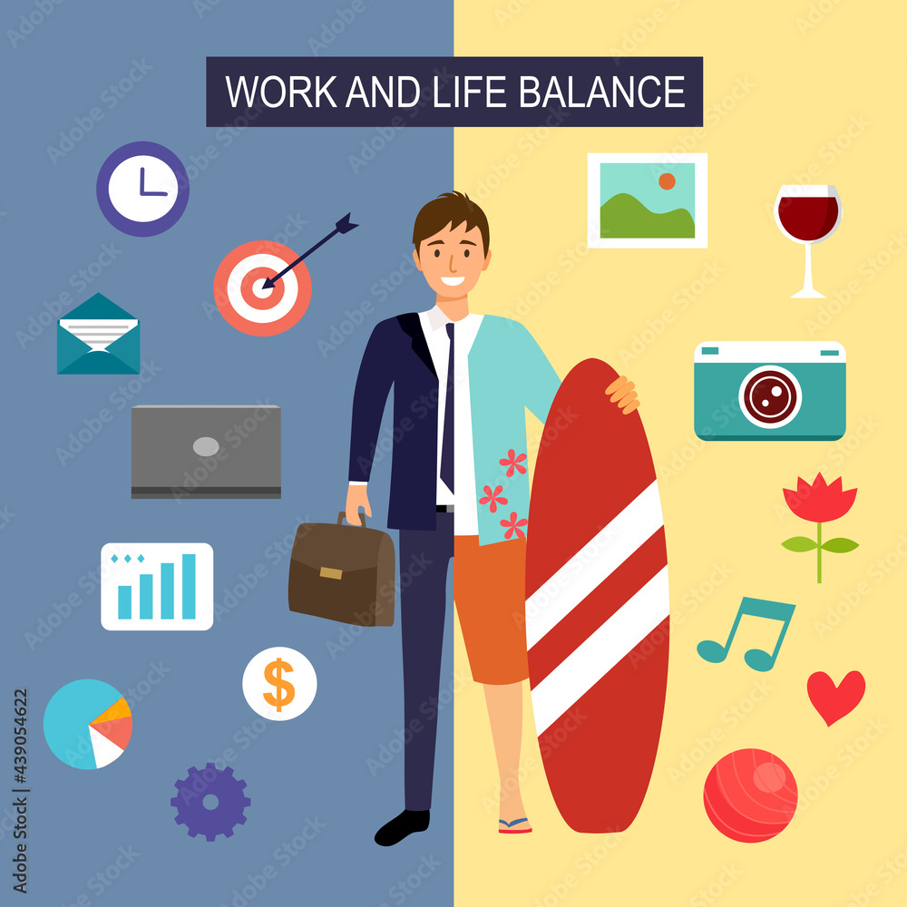 Work and life balance concept vector illustration. Half man in suit ...