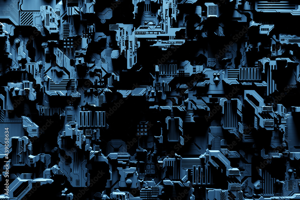 Detail of a futuristic machine. 3D illustration of a futuristic wall ...