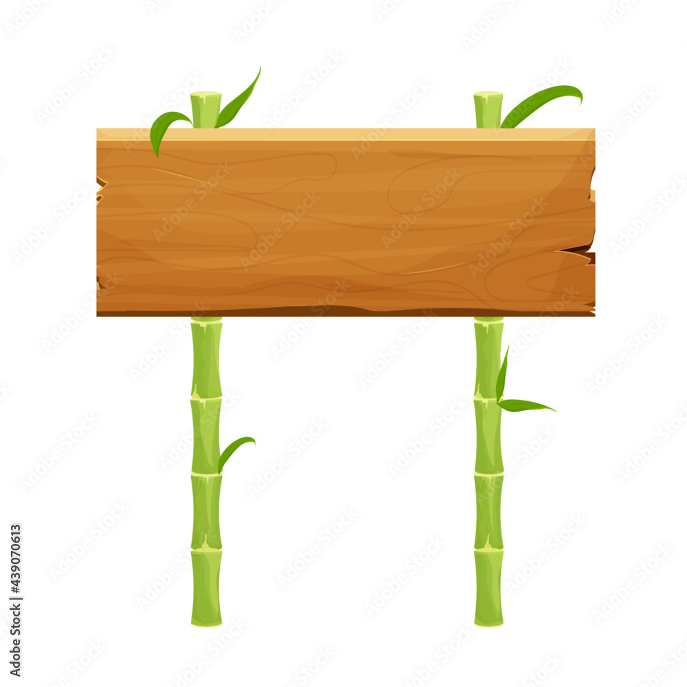 Wooden sign with green bamboo sticks with leaves, empty frame in ...