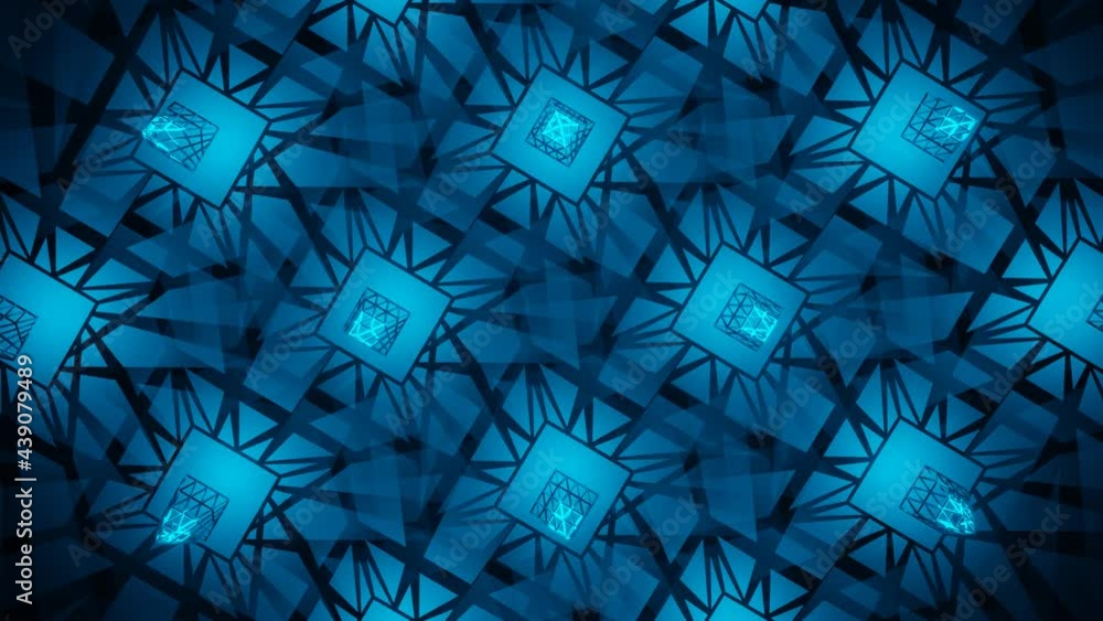 pyramid frames with blue glow rotate and cast shadows on a dark ...