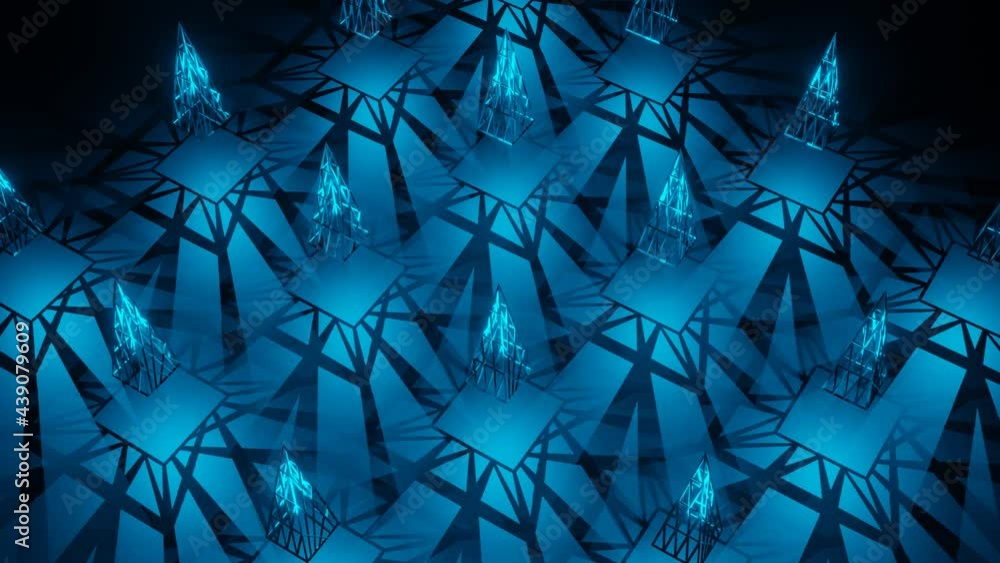 pyramid frames with blue glow rotate and cast shadows on a dark ...