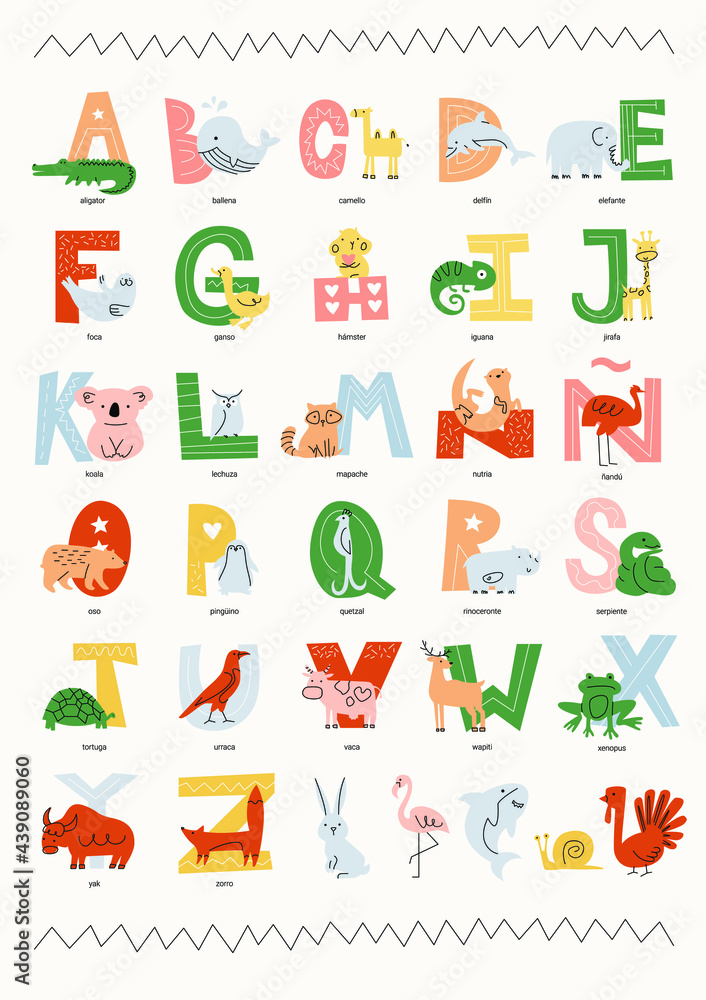 Vector children's poster with the Spanish alphabet and animals, with ...