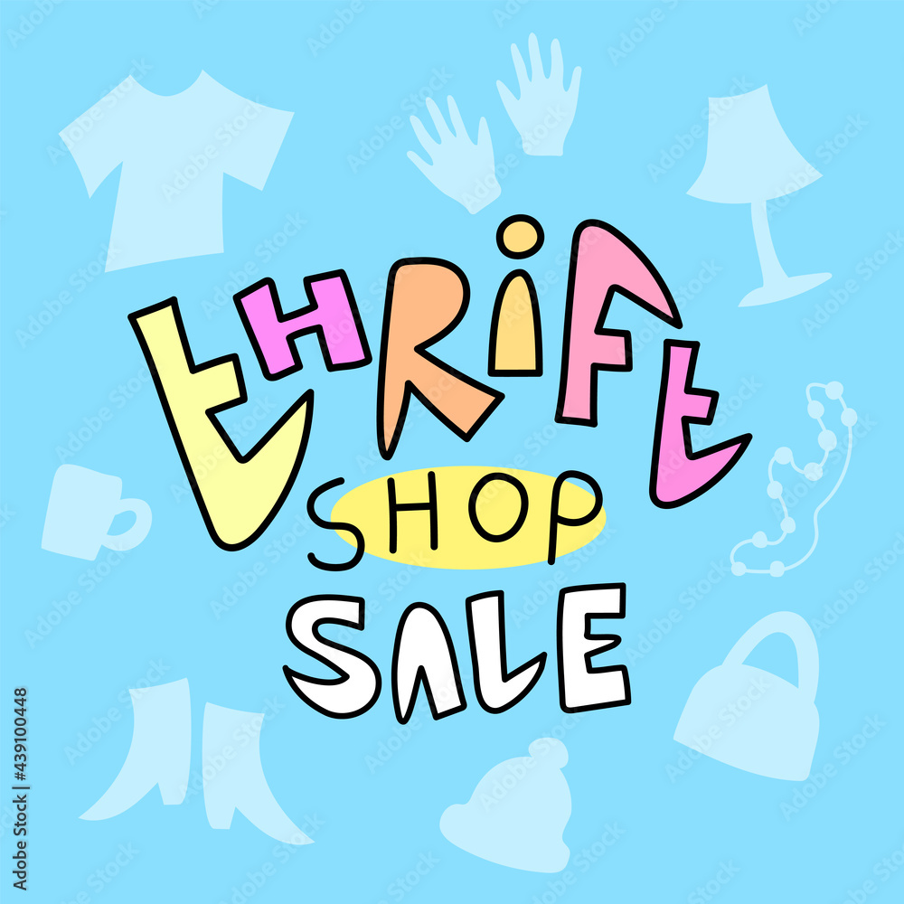 Cartoon style doodle Thrift Shop Sale lettering on blue background ...