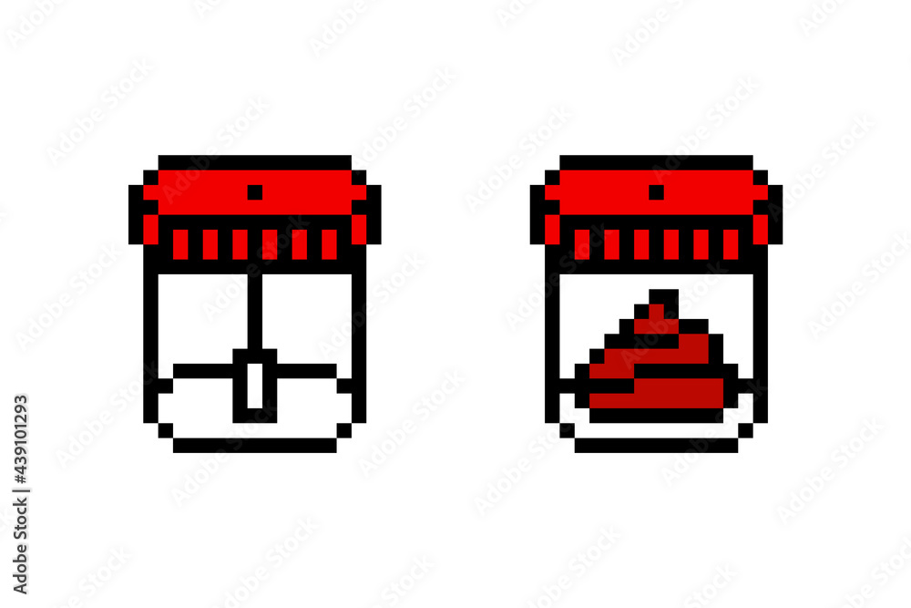 Two plastic stool test containers (empty and filled with poop), pixel ...