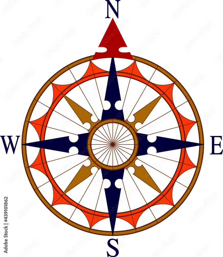 Old navy map symbol. Wind rose and rhumb of North, East, South and West ...