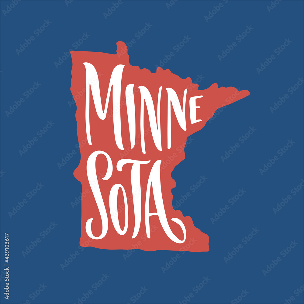 Minnesota. Hand drawn USA state name inside state silhouette on blue ...
