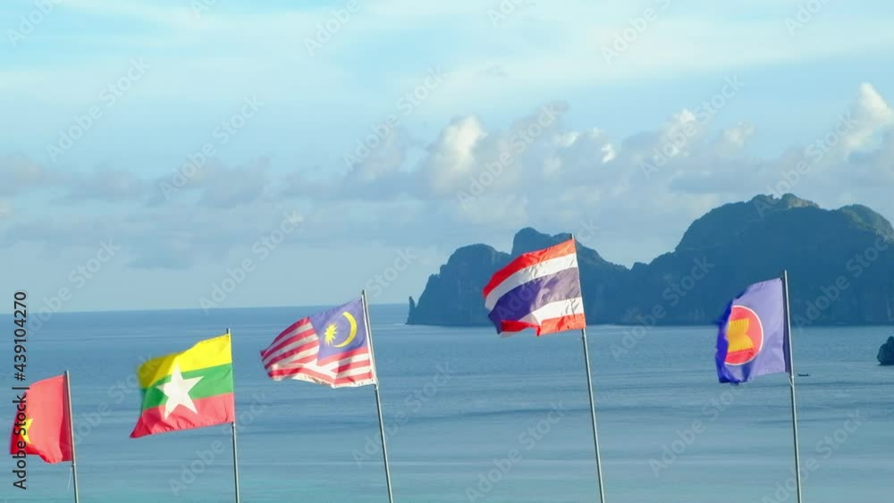 The blowing flags of ASEAN community - Thailand, Malaysia, Vietnam, and ...