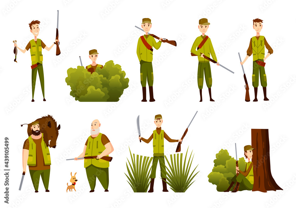 Diferent hunter characters with rifle and trophy. Mens with a gun in ...