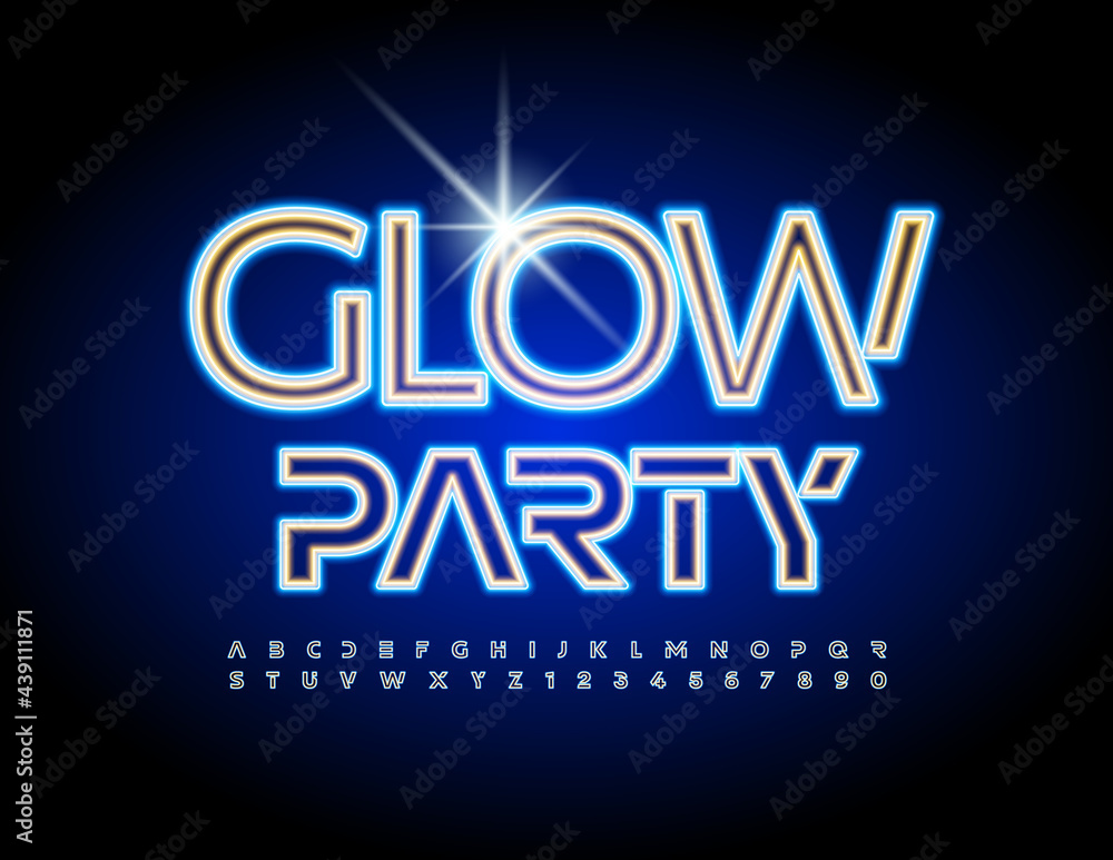 Vector neon poster Glow Party. Illuminated Led Font. Futuristic set of ...