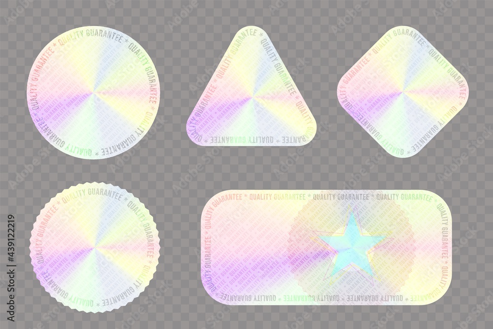 Holographic sticker for product quality guaranteed seal set. Genuine ...