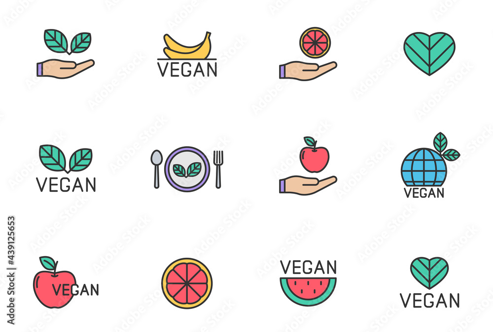 Vegan color filled line icon set. Vegan color line icons isolated on ...