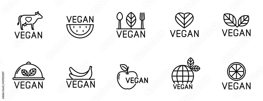 Vegan otline logo design icon set. Vegan line icons isolated on white ...