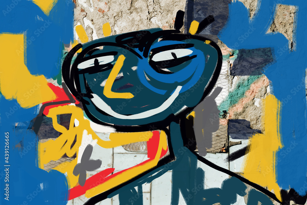 Funny Street art smug portrait with big smiley and smirking face ...