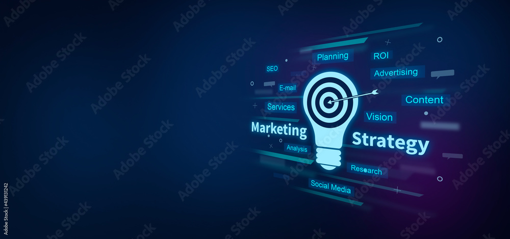 Marketing Strategy text on digital blue background. with dart icon ...