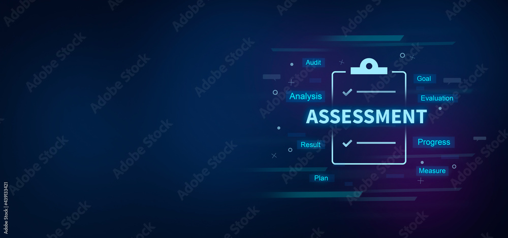 Assessment text with clipboard icon on digital blue background ...