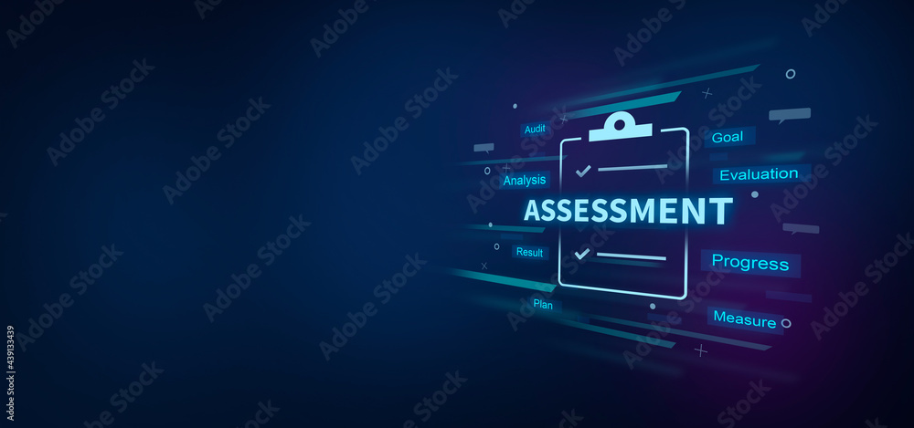 Assessment text with clipboard icon on digital blue background ...