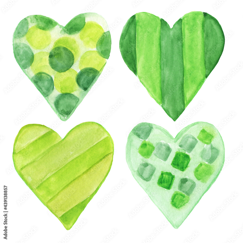 Green Hearts Seamless .Watercolor set of the heart .Background design ...