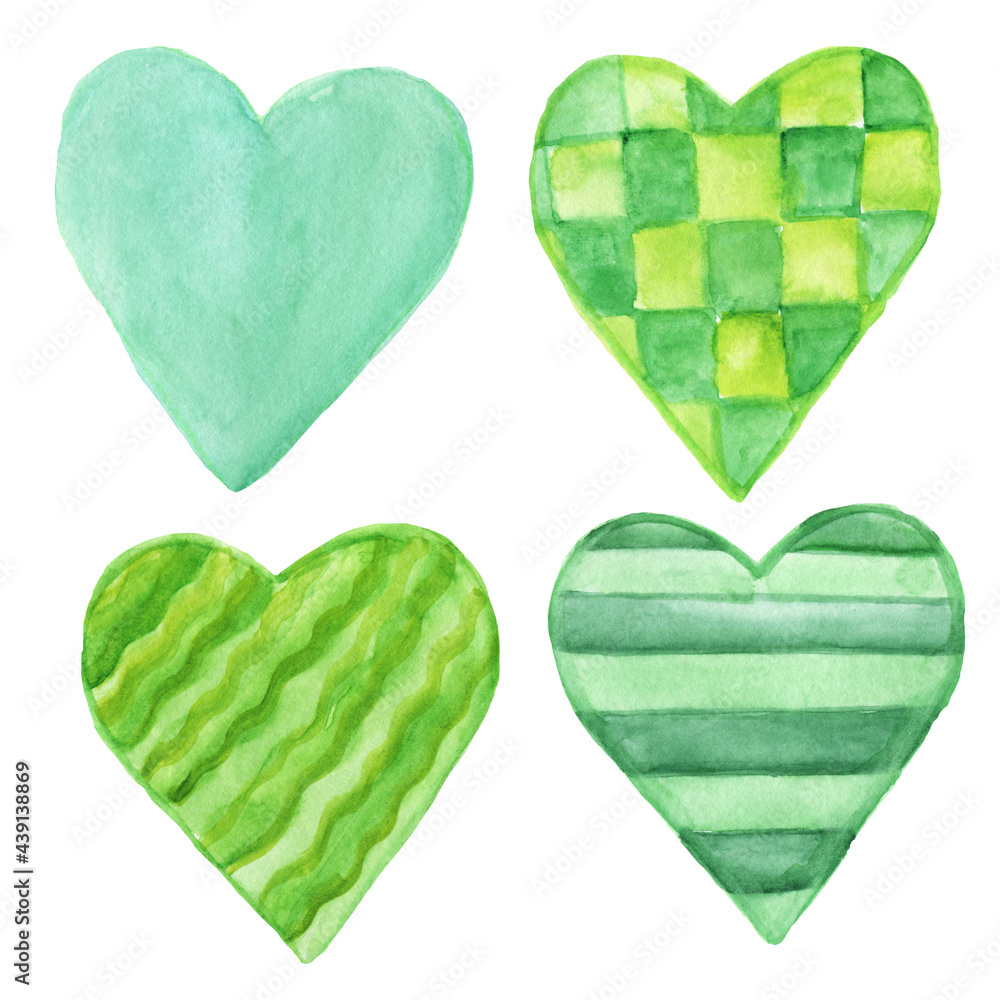Green Hearts Seamless .Watercolor set of the heart .Background design ...