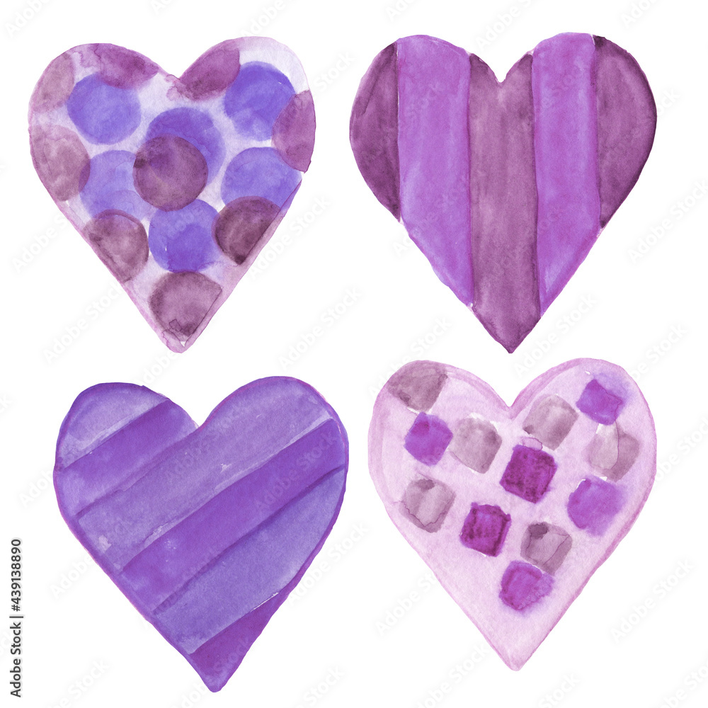 Watercolor set of the heart .Purple heart pattern.Sublimation, Art for ...