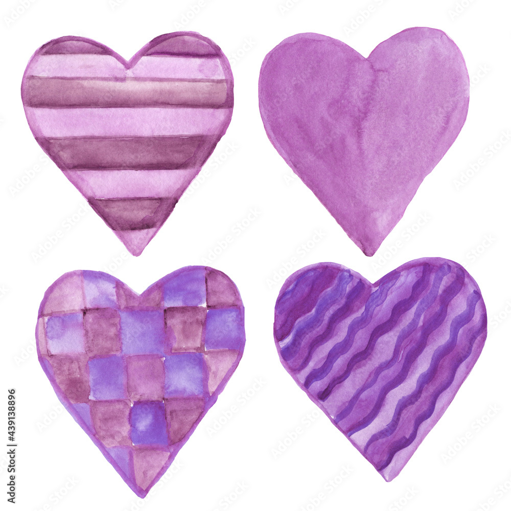 Watercolor set of the heart .Purple heart pattern.Sublimation, Art for ...
