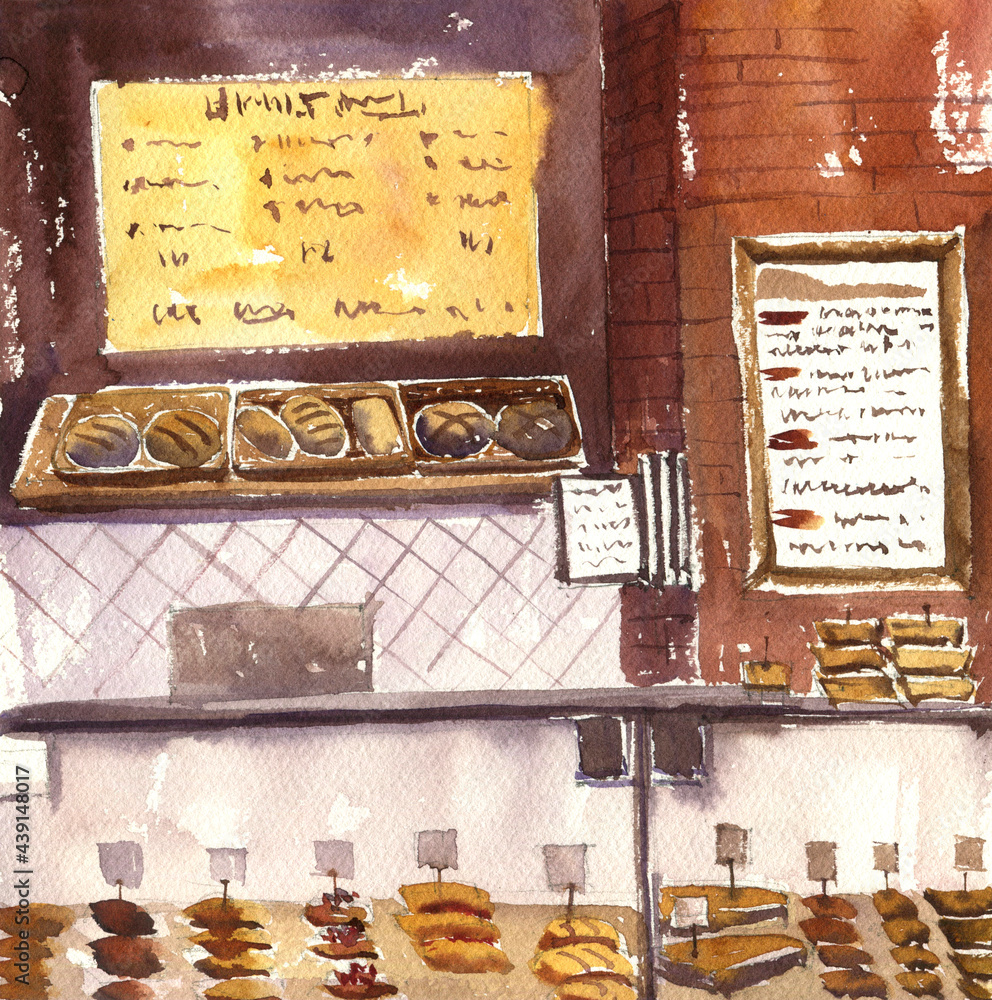 watercolor drawing sketch of cafe, showcase with bakery, hand drawn ...