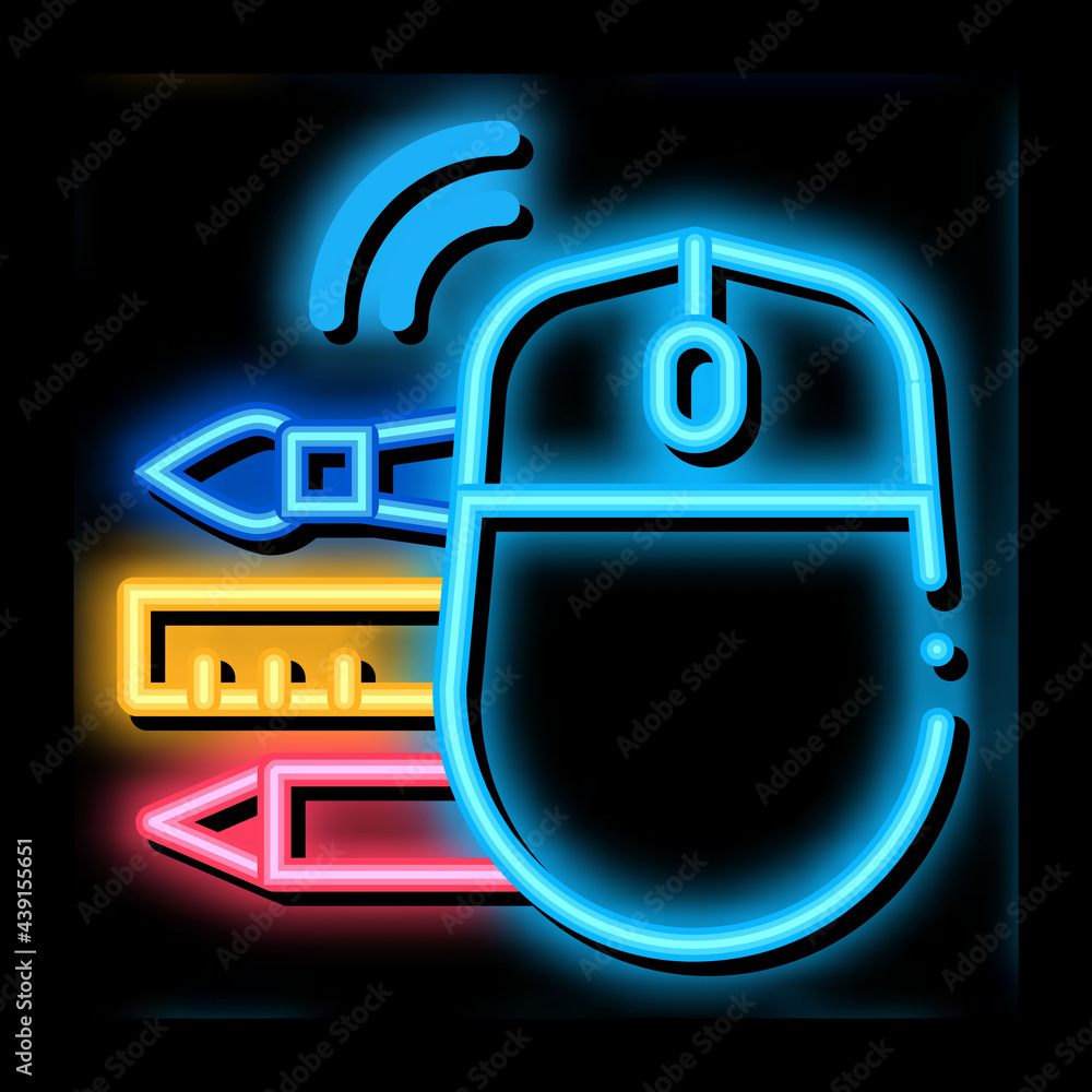 computer mouse pen pencil and ruler neon light sign vector. Glowing ...