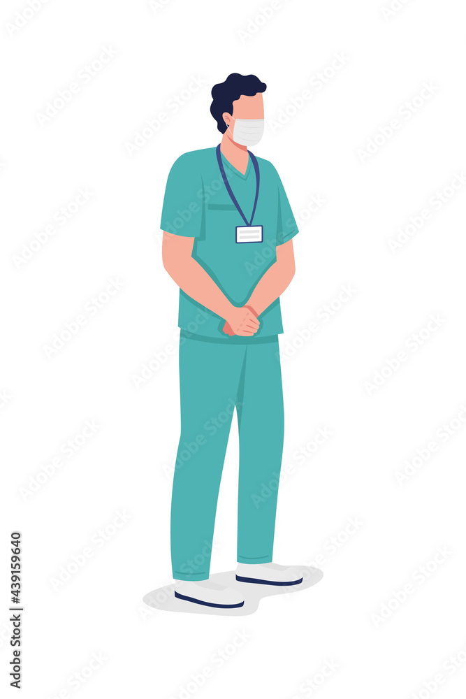 Male nurse semi flat color vector character. Murse in mask figure. Full ...