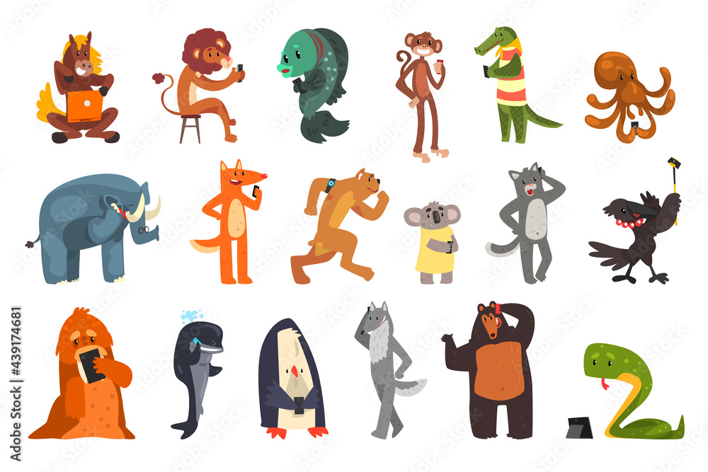 Wild Animals Using Modern Gadgets Set, Animal Characters Talking ...
