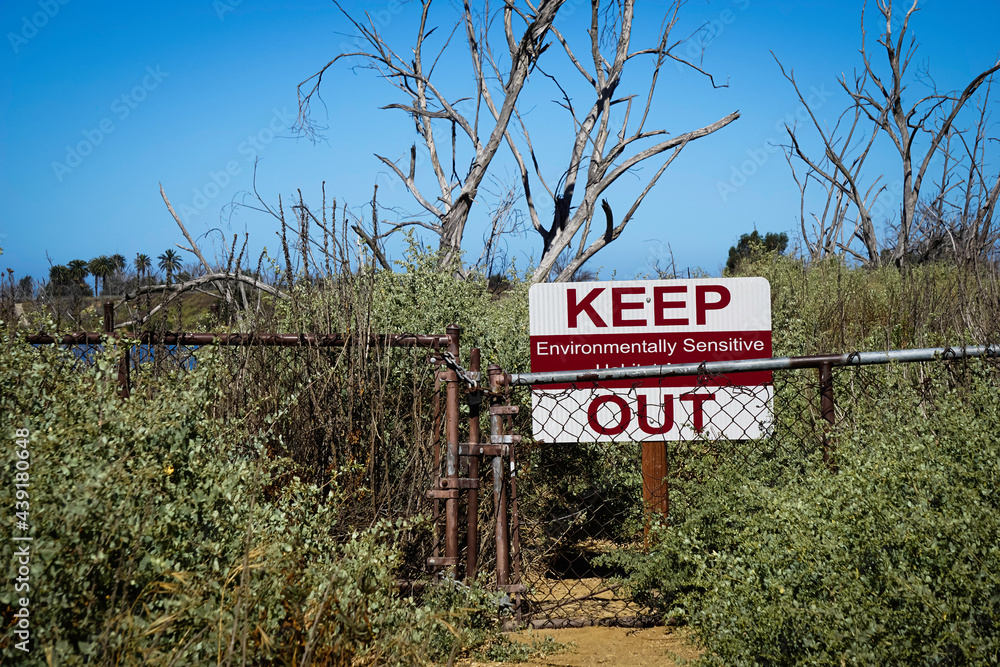 Keep out sign and fence on nature reserve Stock Photo | Adobe Stock