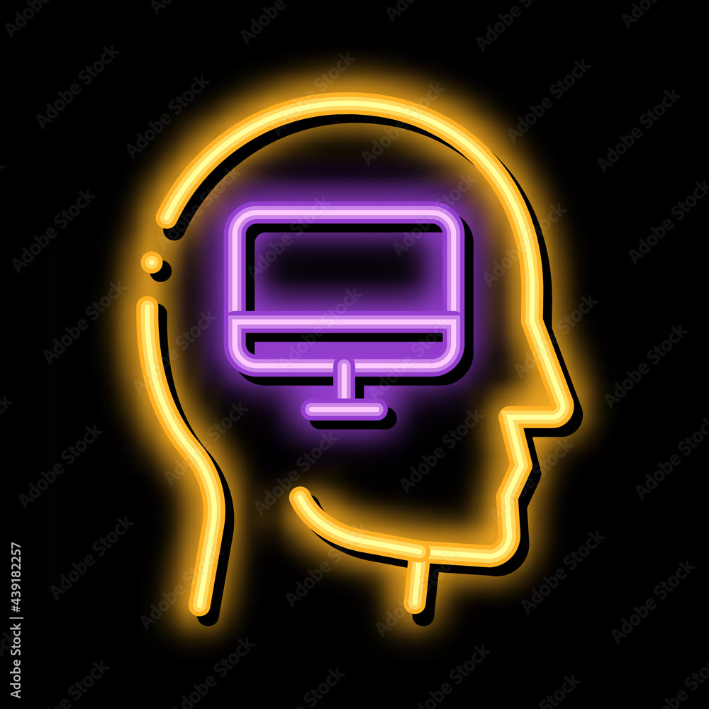human think about computer neon light sign vector. Glowing bright icon ...