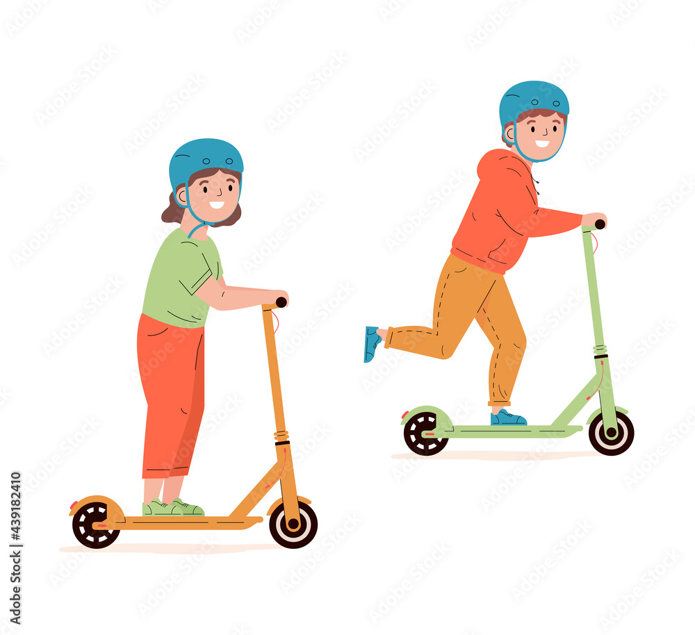 Happy children in helmets ride electric walk scooters. Modern child ...