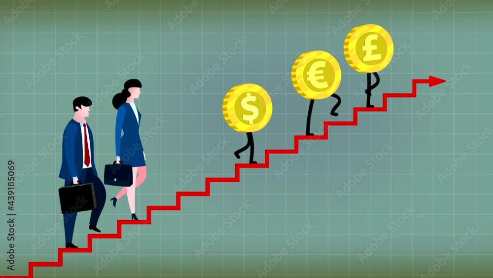 Two cartoon businessmen characters following coins up the stairs chart ...