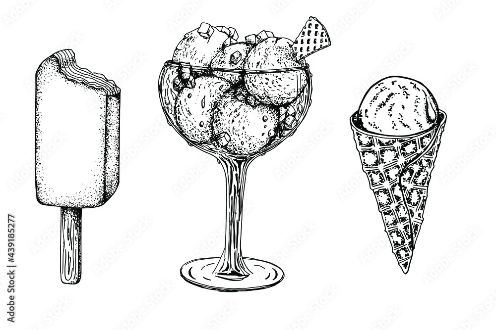 Ice cream .Set. Balls of delicious cool dessert with caramel cubes, ice ...