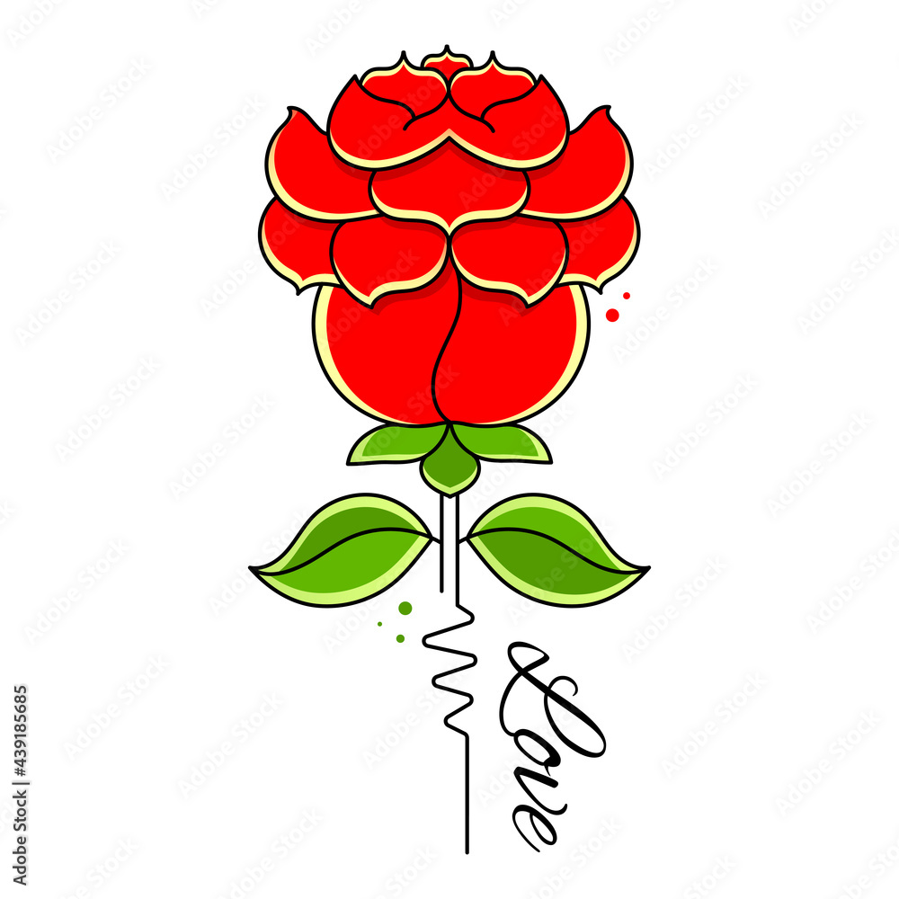 Deep red, ruby rose flower with green leaves, sketch style vector ...