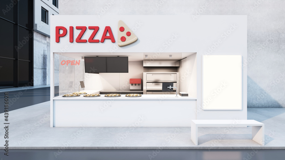 Front view Pizza shop and Restaurant design. Modern minimal white tone ...