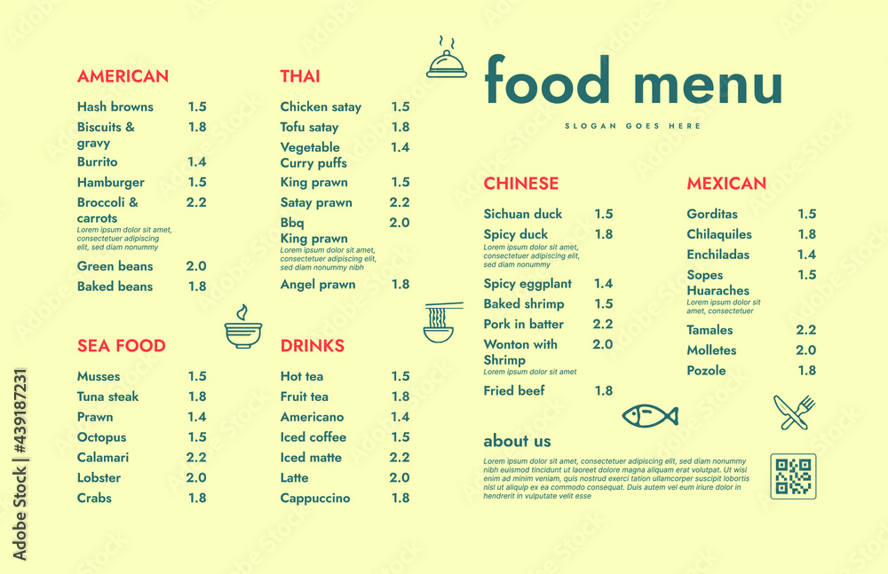 Restaurant cafe menu, template design. One page food menu template ...